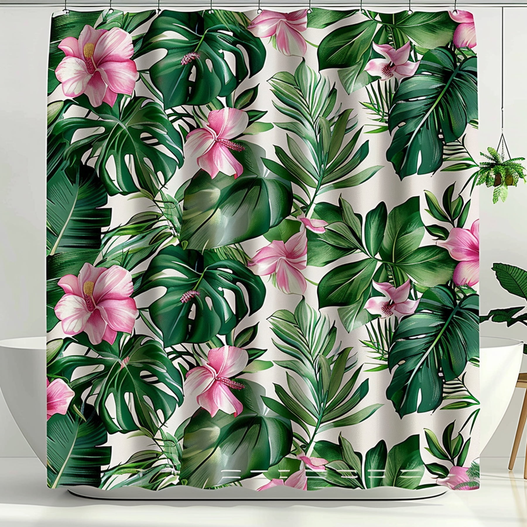 Exotic Tropical Rainforest Shower Curtain With Pink Flowers And Green
