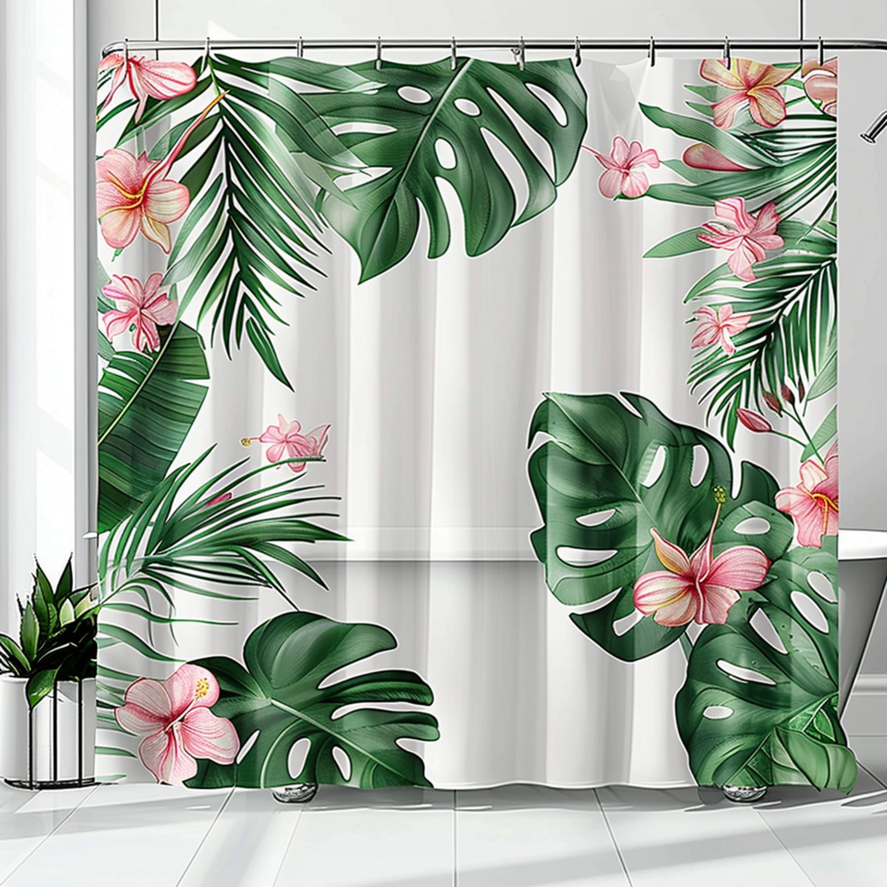 Exotic Tropical Rainforest Shower Curtain With Pink Flowers And Green