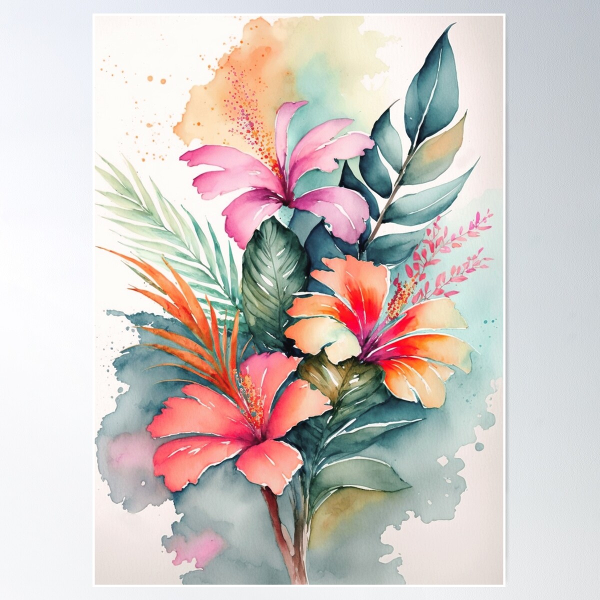 Exotic Watercolor Flowers Poster Wall Art, Modern Wall Decor For Living ...