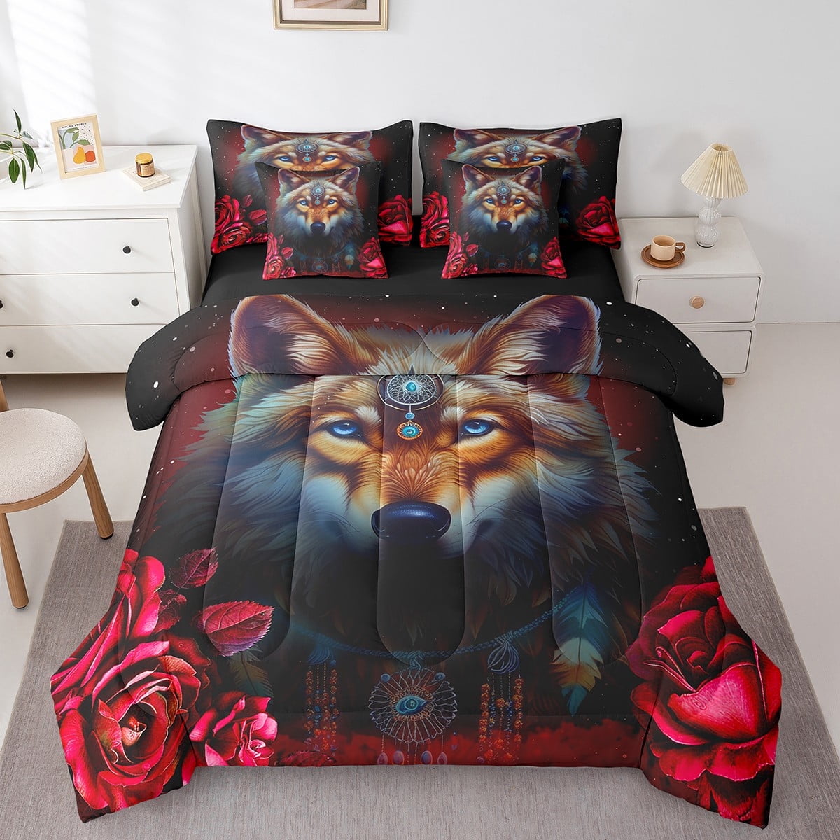 Exotic Wolf Bed in a Bag Queen Comforter Set 7 Piece,Gothic Sheet Set ...