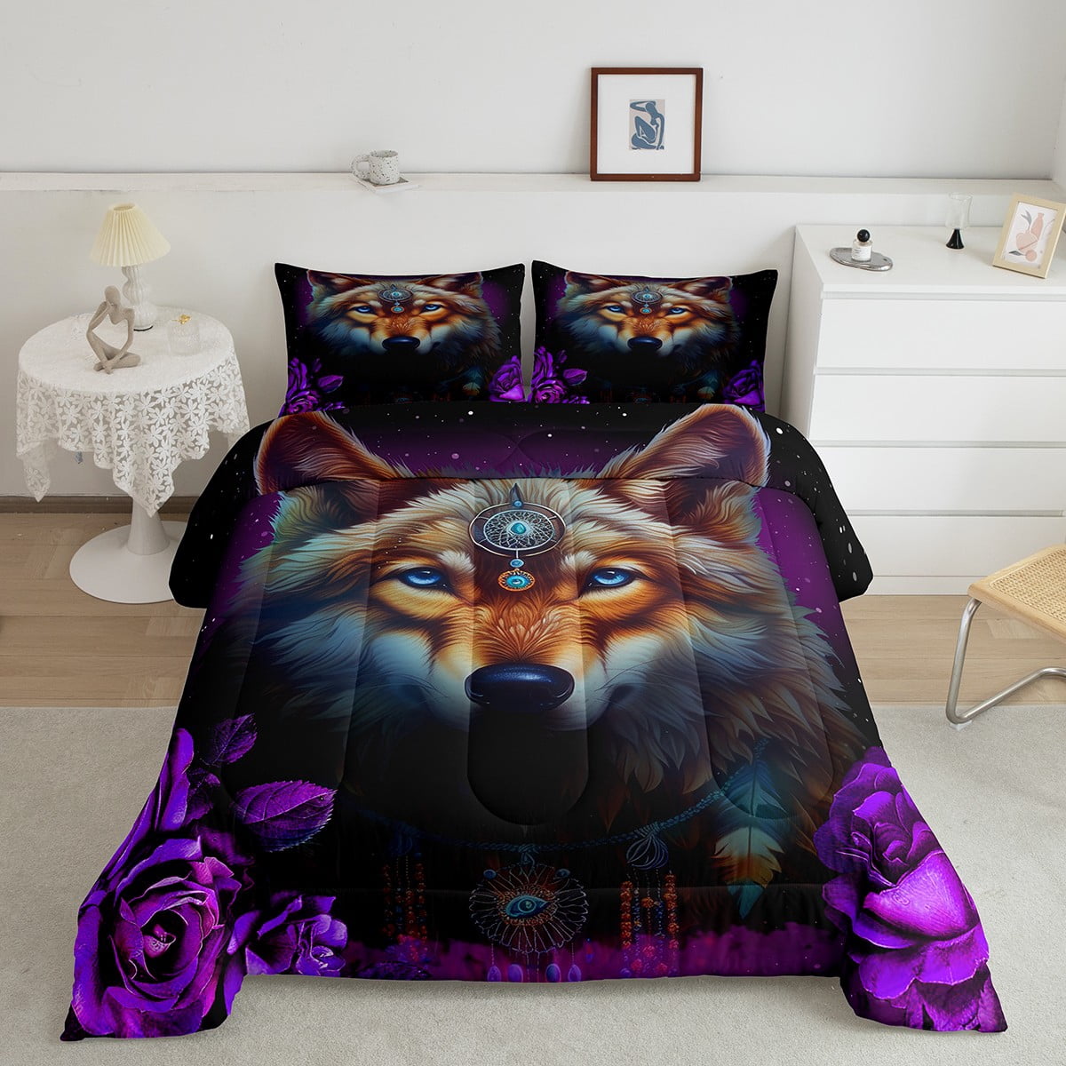 Exotic Wolf Comforter Set Gothic Bedding Sets Full,Purple Rose Quilt ...