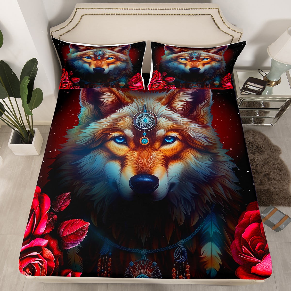 Exotic Wolf Fitted Sheet Gothic Sheets,Red Rose Bed Sheets Full ...