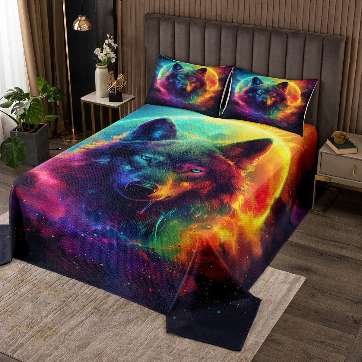 Exotic Wolf Quilt Set Rainbow Starry Sky Twin Bedspread Set for Boys ...