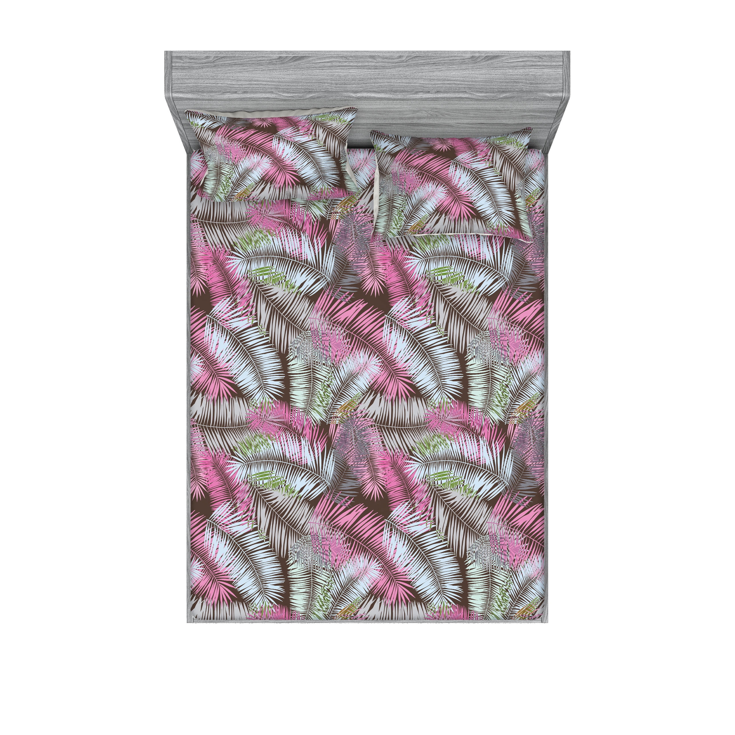 Exotics Fitted Sheet & Pillow Sham Set, Aloha Themed Tropical Leaves ...