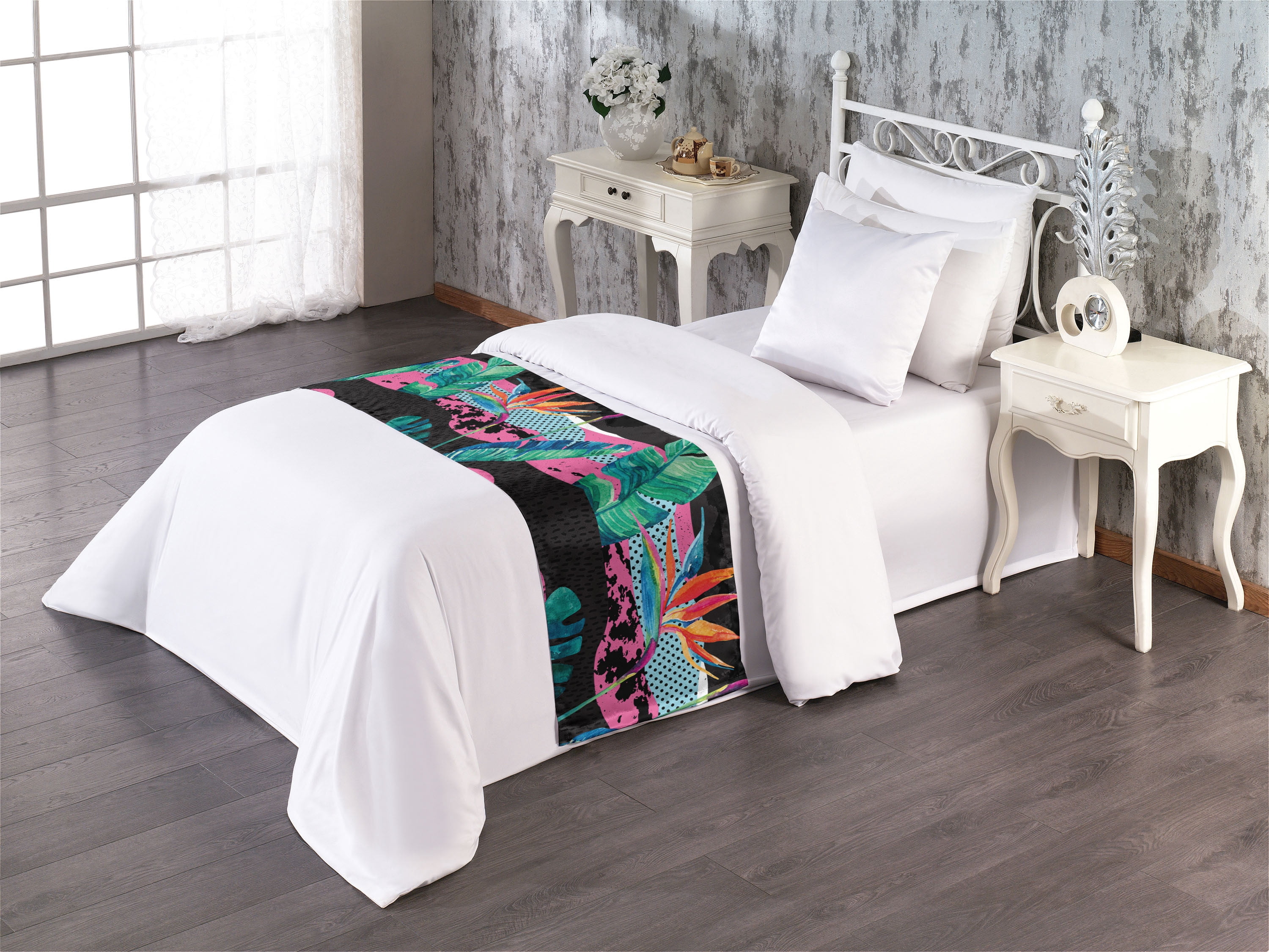 Exotics Vibe Bed Runner, Pop Art Feelings Palm Leaves and Monsteras on ...