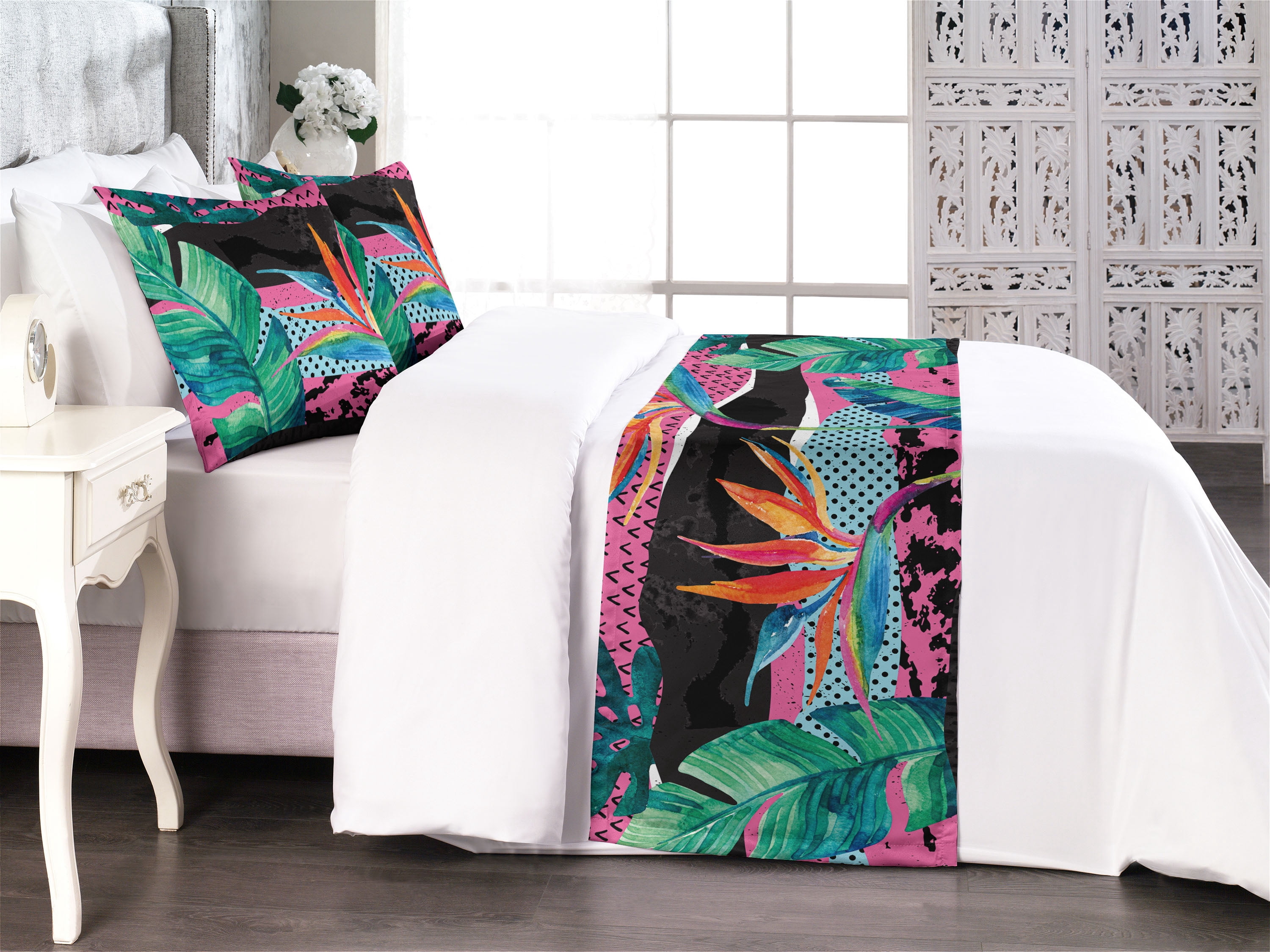 Exotics Vibe Bed Runner Set, Pop Art Feelings Palm Leaves and Monsteras ...