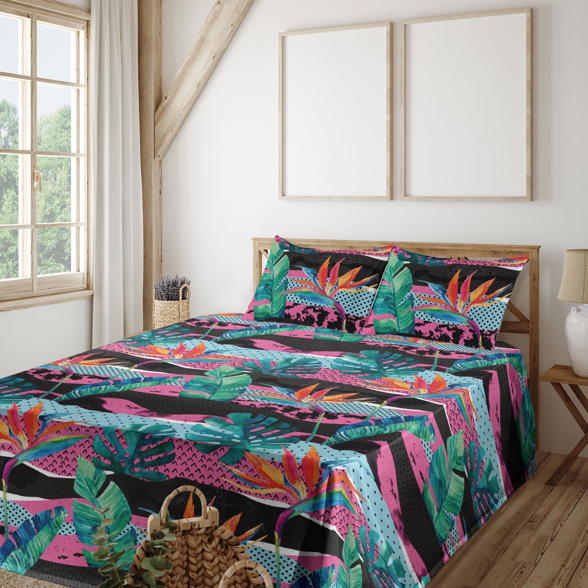 Exotics Vibe Sheet Set, Pop Art Feelings Palm Leaves and Monsteras on ...