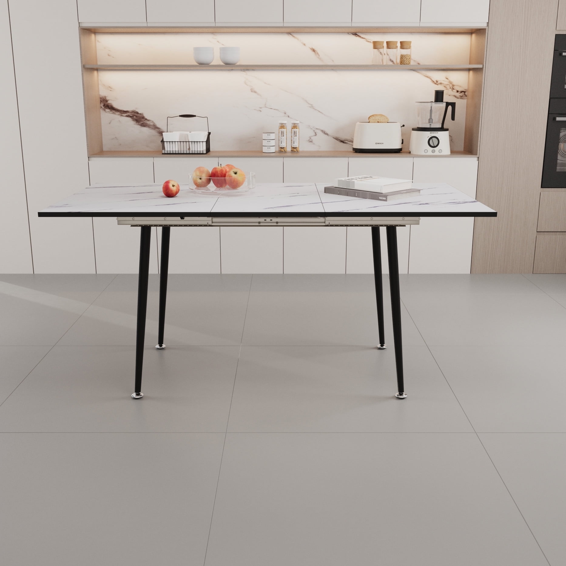 Expandable 47" To 63" Dining Table, White Marble Feature, Modern ...