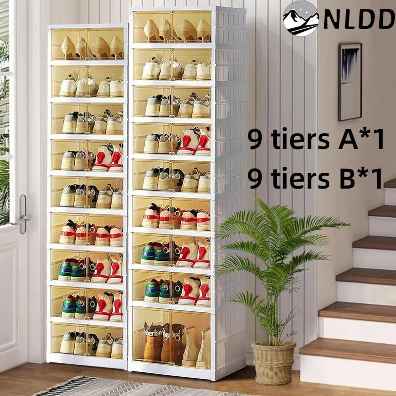Expandable 9-Tier Shoe Rack with Clear Doors and Wheels: Collapsible ...