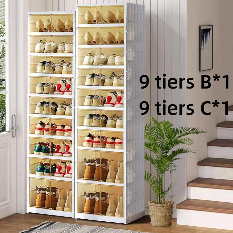 Expandable 9-Tier Shoe Rack with Clear Doors and Wheels: Collapsible ...