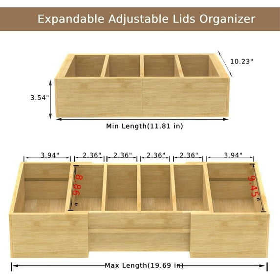 Expandable Bamboo Food Container Lid Organizer – 3 Adjustable Dividers ...