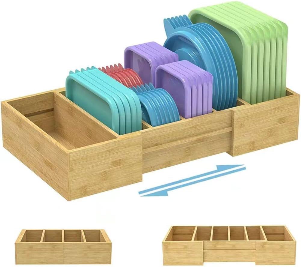 Expandable Bamboo Food Container Lid Organizer for Cabinets, Adjustable ...