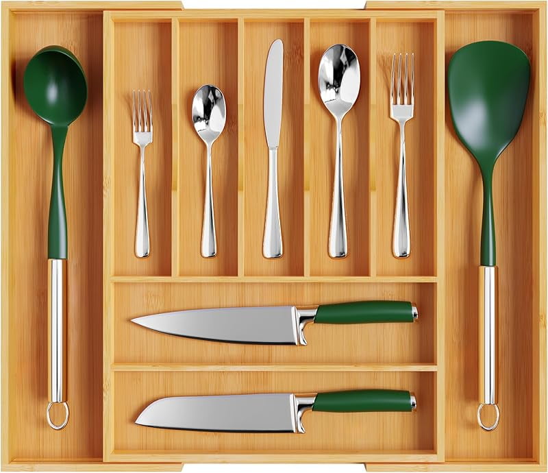 Expandable Bamboo Kitchen Drawer Organizer for Cutlery and Utensils ...