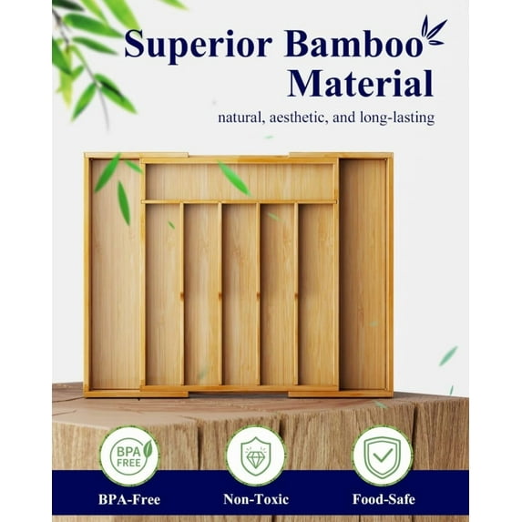 Expandable Bamboo Silverware Organizer – 18.5"×13.3"×1.8" Sturdy ...