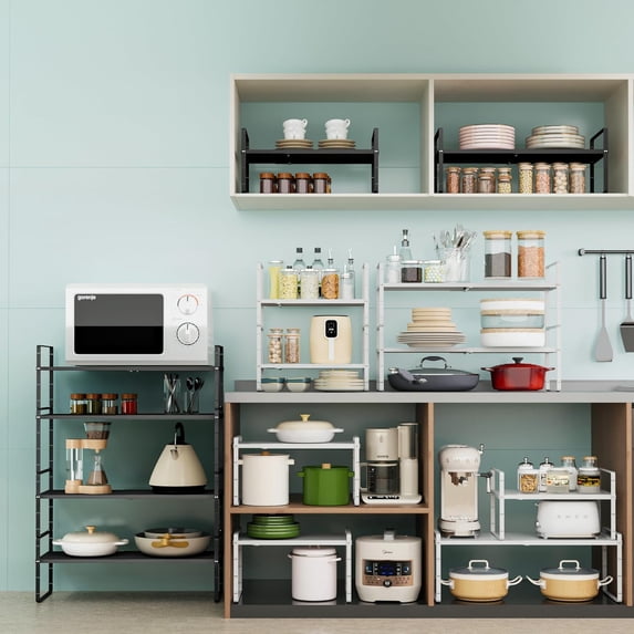 Expandable Cabinet Organizer Shelf, Adjustable Height Metal Stackable ...
