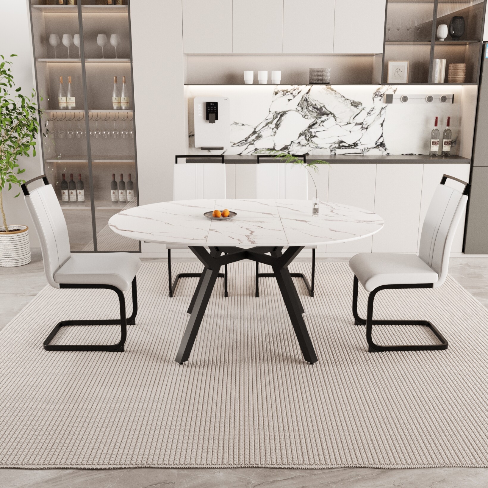 Expandable Circular Dining Table Set for 4-6 People with 4 C-Shaped ...