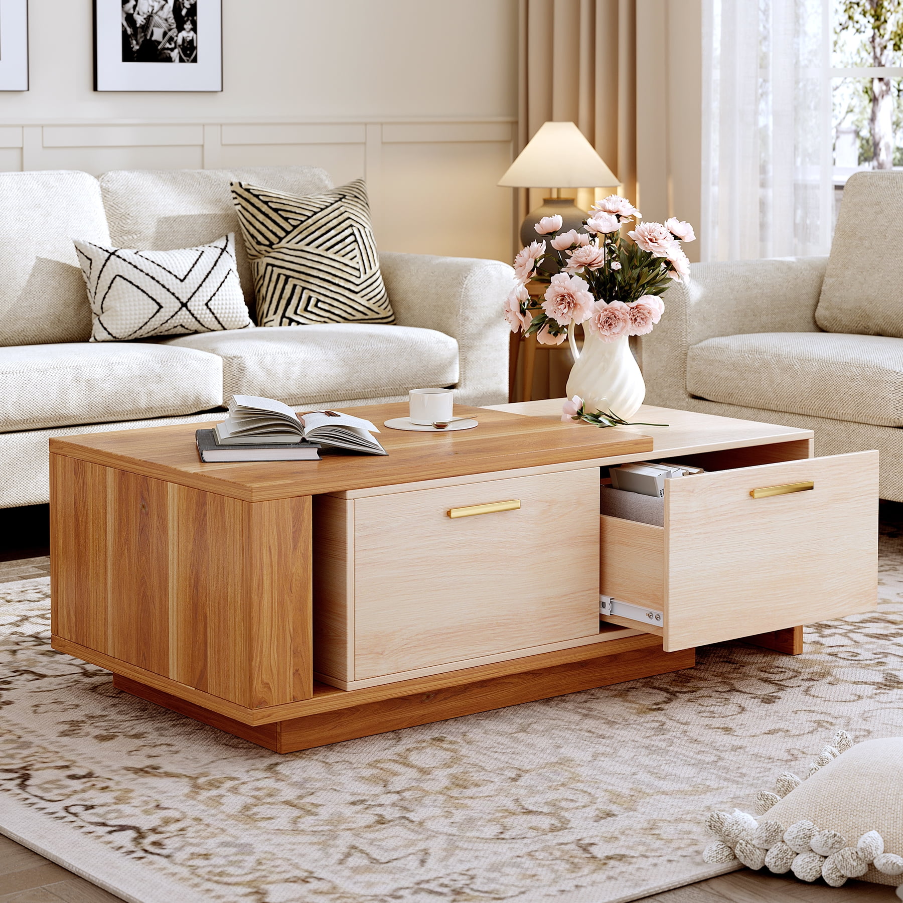Expandable Coffee Table with Storage, 42''-65'' Two-Tone Wood Coffee ...