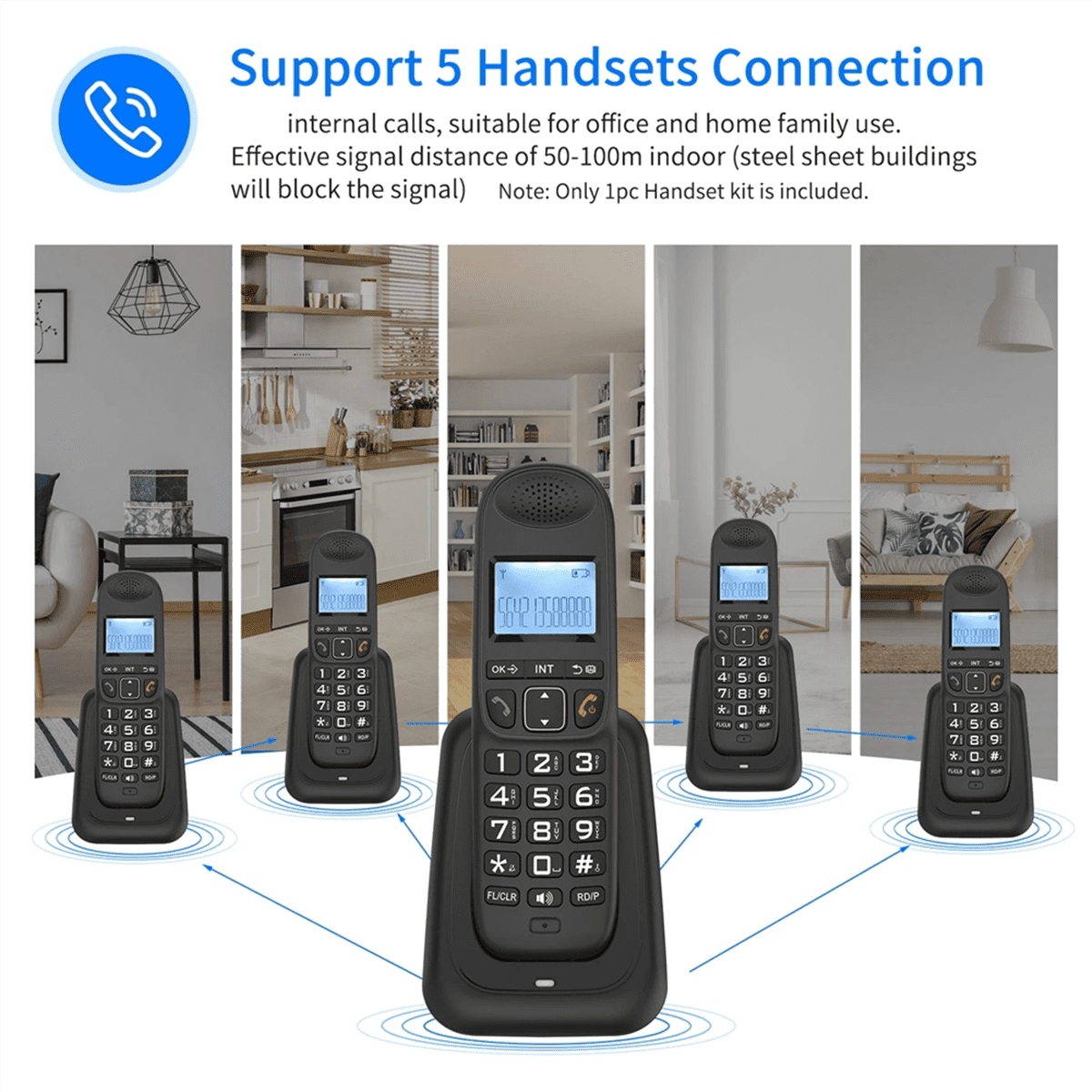 Expandable Cordless Telephone Handheld Digital Supports 5 Handsets 16 ...