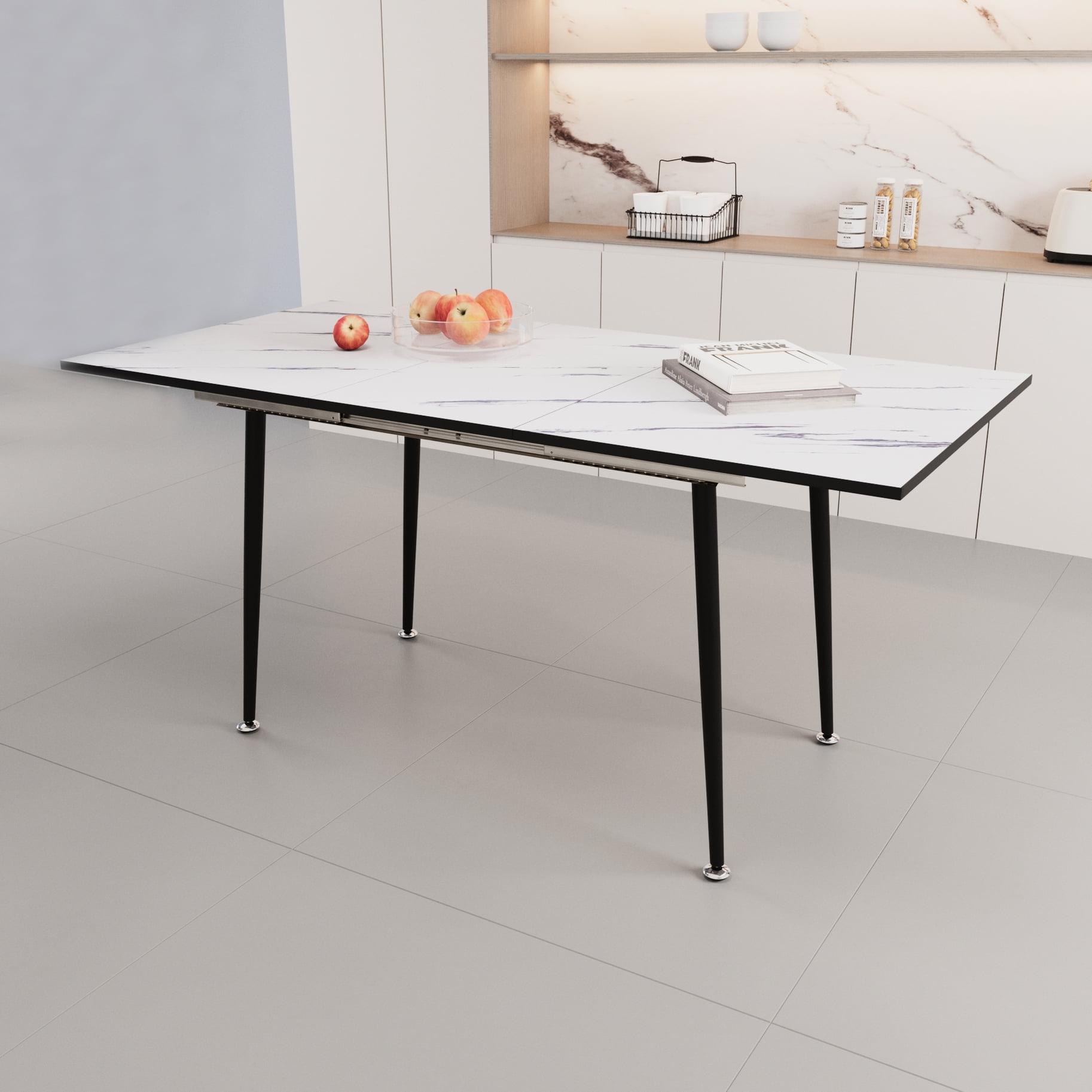 Expandable Dining Table, 47" - 63", White Marble Themed, Modern ...