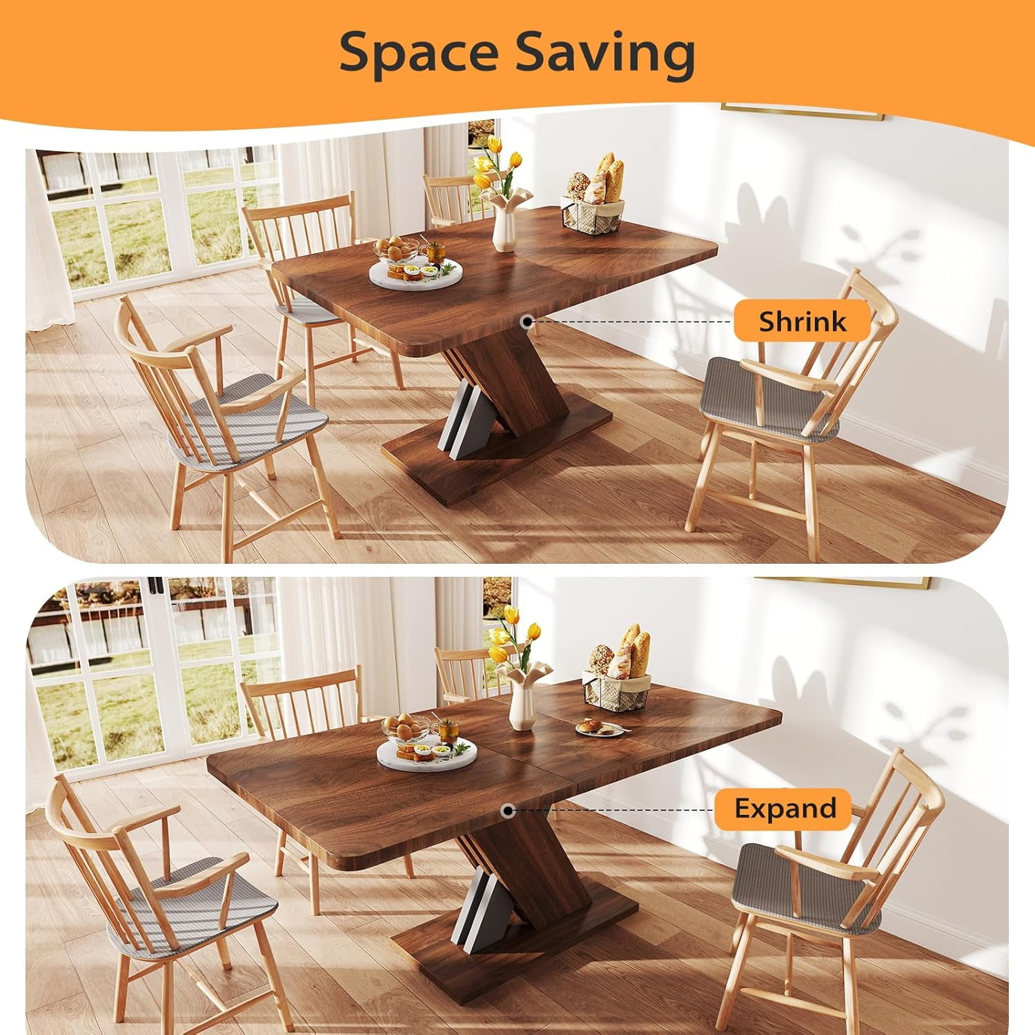 Expandable Dining Table, 55"-70.87" Farmhouse Kitchen Table, MDF Wood ...