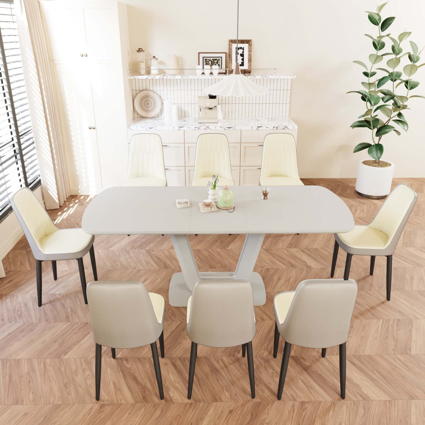 Expandable Dining Table Set For 2-8 With 8 PU Fabric Thick-Padded ...