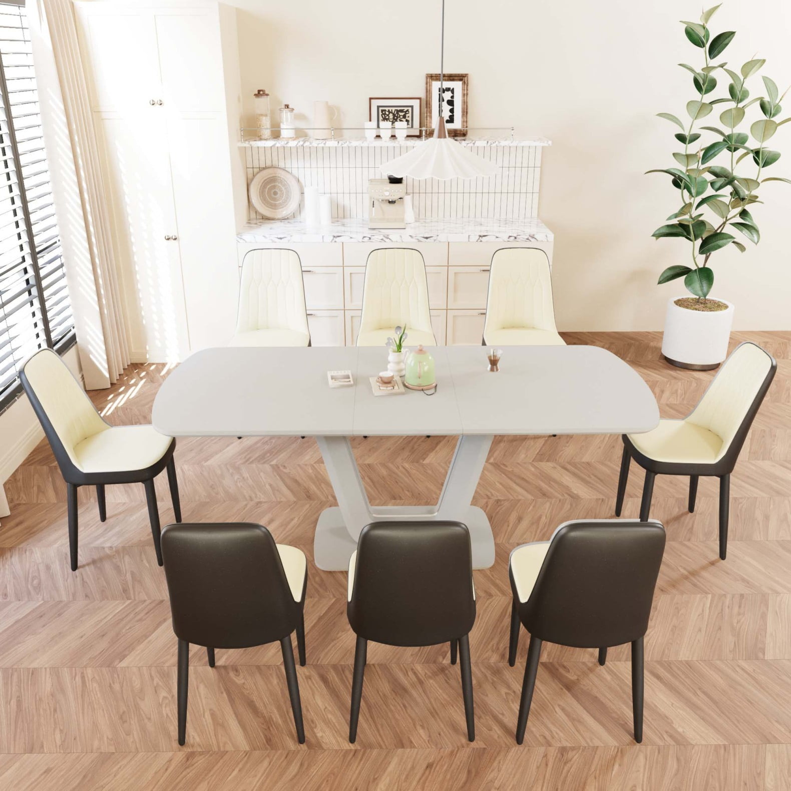 Expandable Dining Table Set for 2-8 People with 8 PU Leather Padded ...