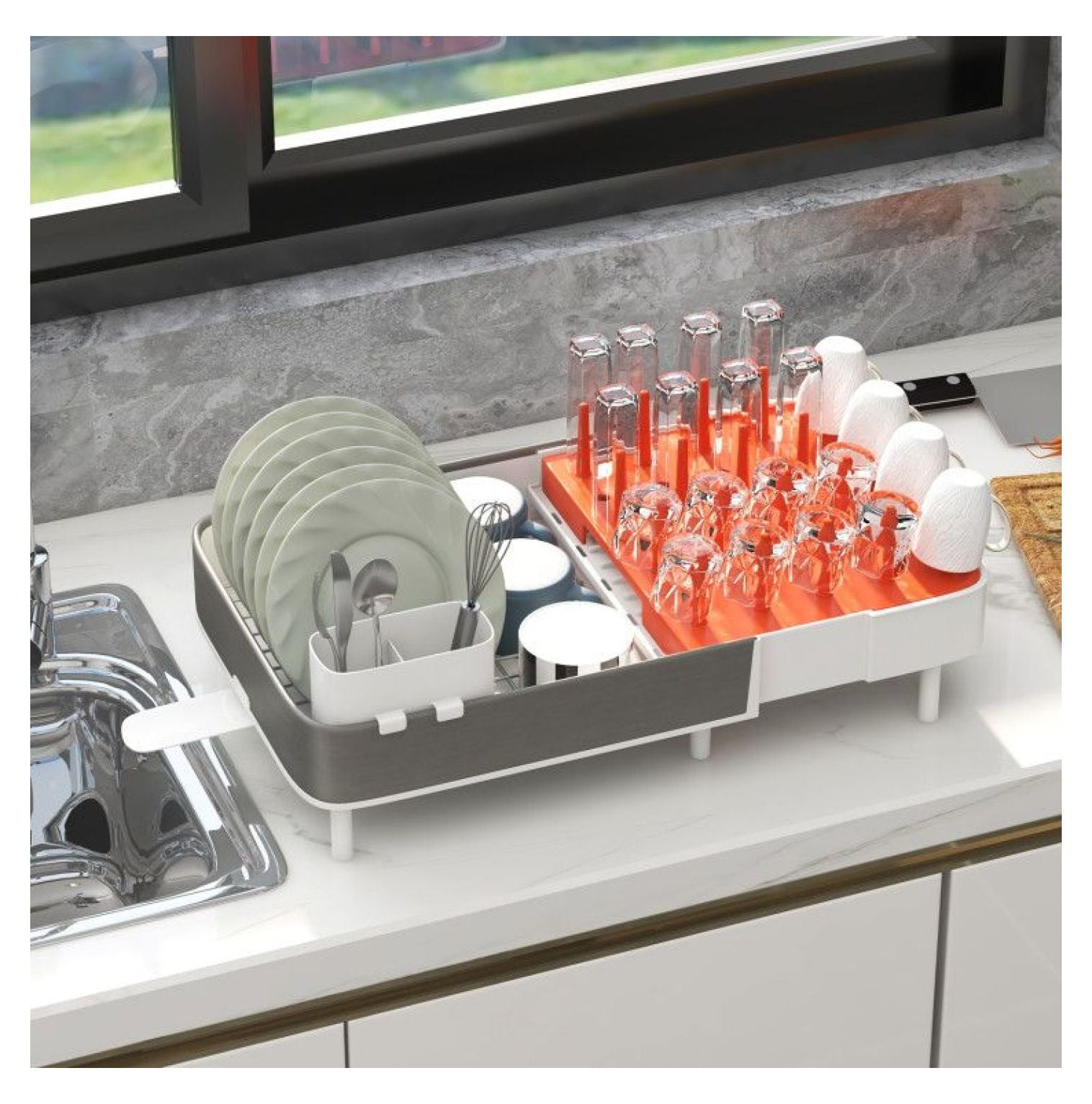 Expandable Dish Drying Rack, Adjustable Dual-Part Drainer with Utensil ...