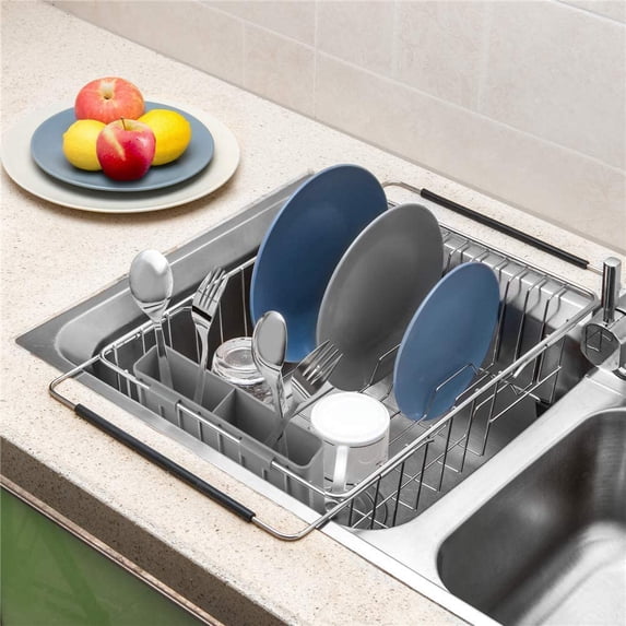 Expandable Dish Drying Rack Sink Dishes Drainer, Dish Rack with Utensil ...