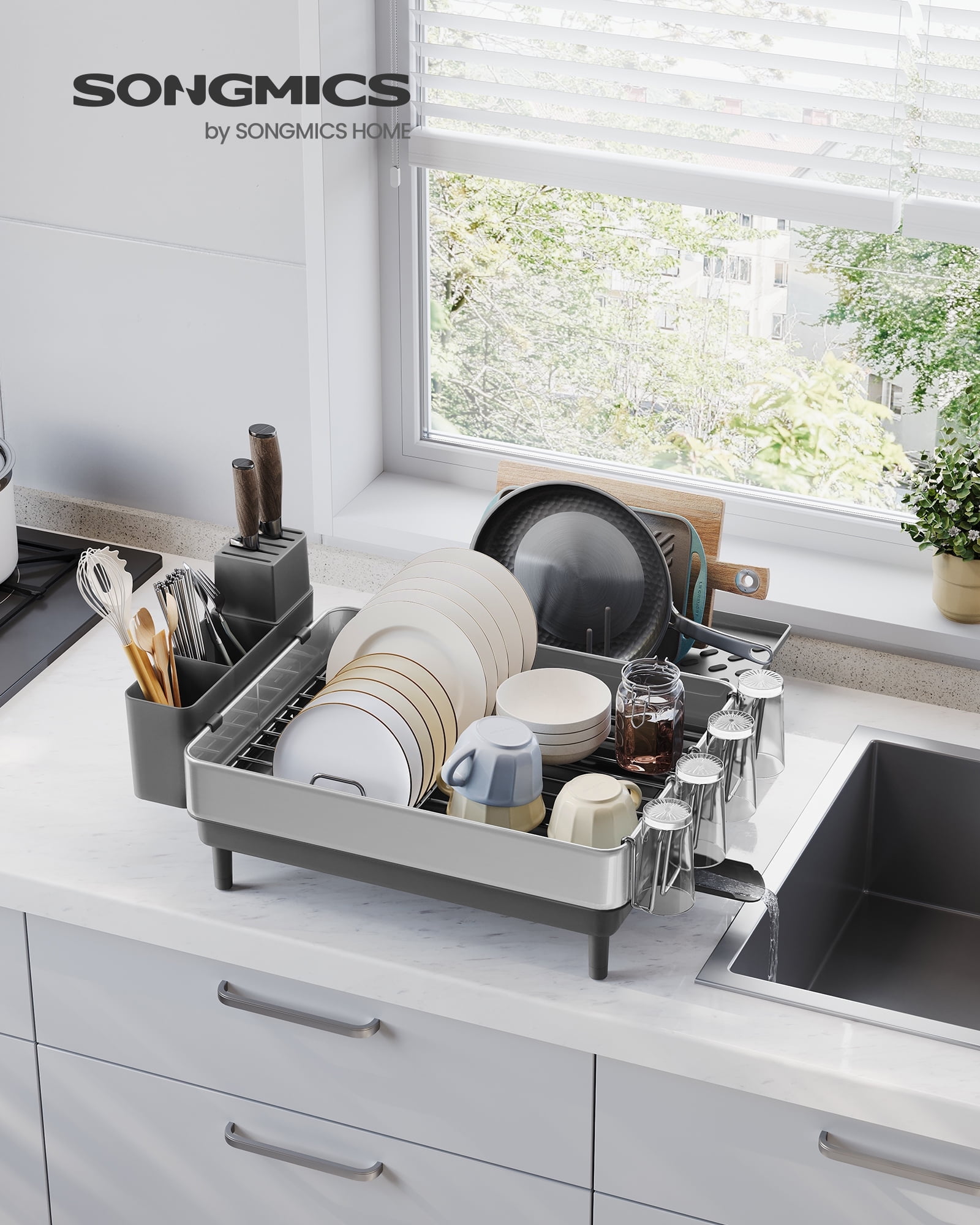 Expandable Dish Drying Rack, Stainless Steel Dish Dryer with Rotatable ...