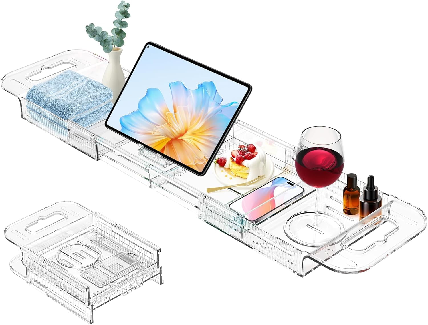 Expandable Drain Bath Caddy Tray for Tub, Multifunctional Acrylic ...