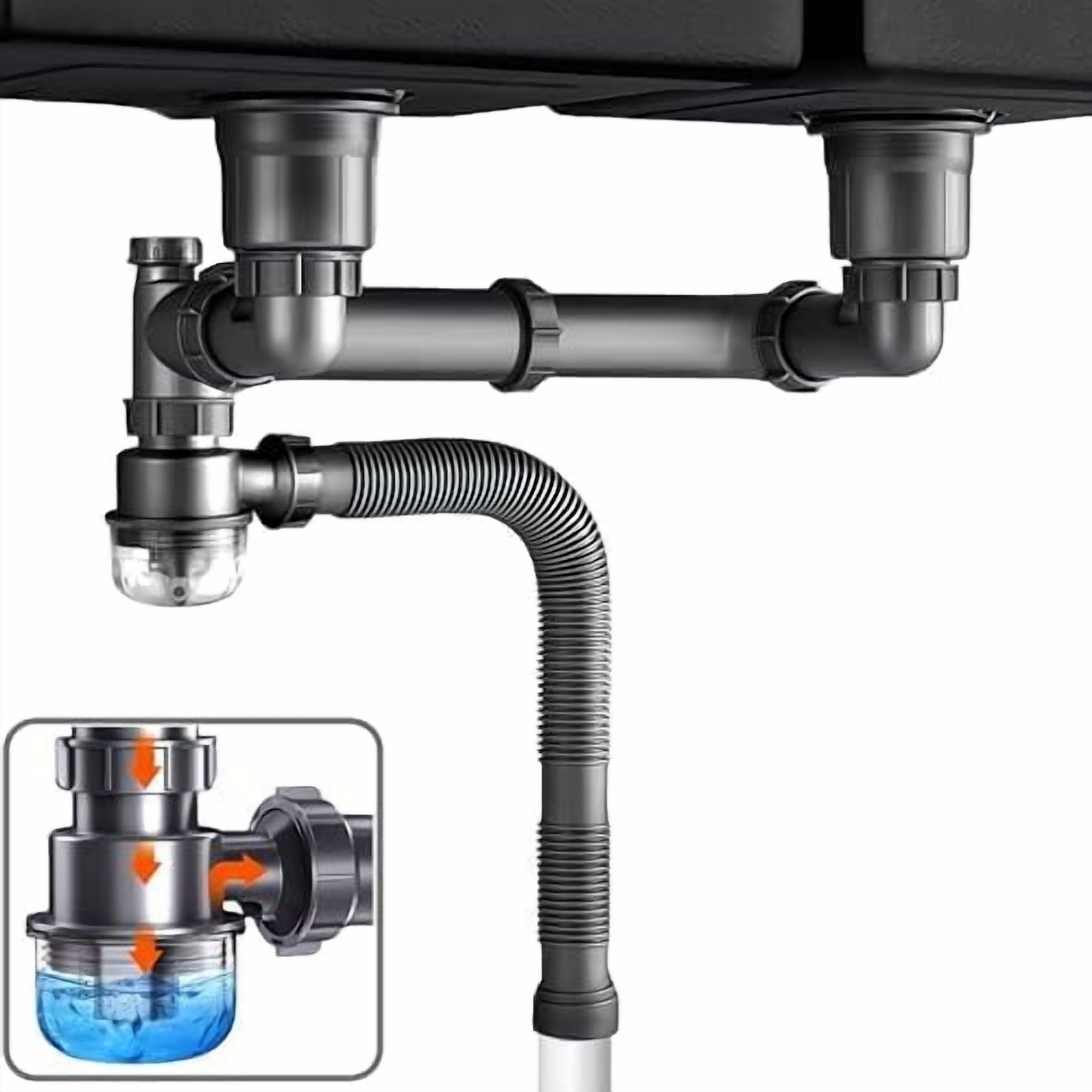 Expandable Flexible 1 1/2" or 1 1/4" Pipe Kit for Double Kitchen Sink ...