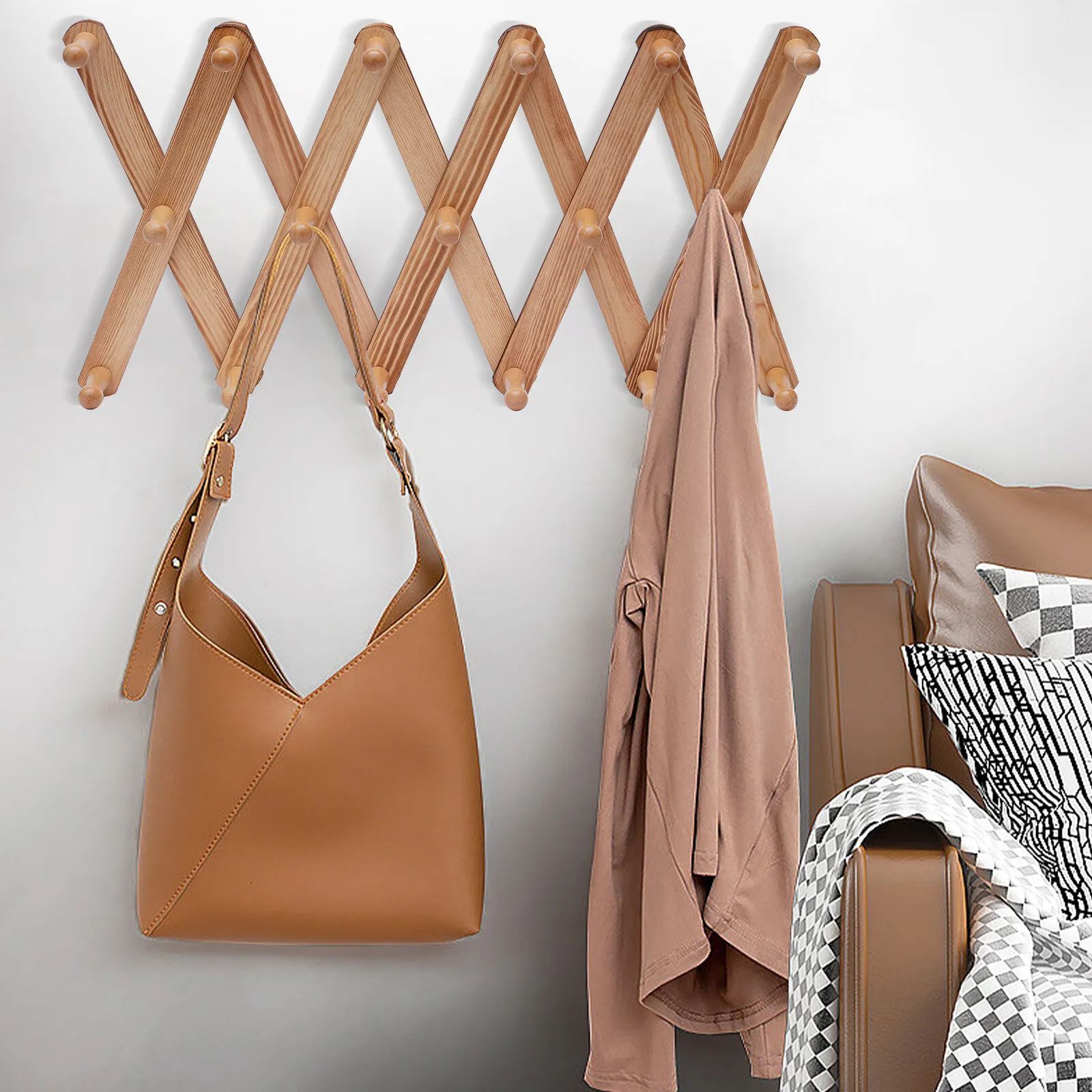 Expandable Hook Wood Wall Peg Rack - Wooden Expanding Accordion Style ...