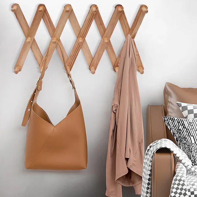 Expandable Hook Wood Wall Peg Rack - Wooden Expanding Accordion Style ...