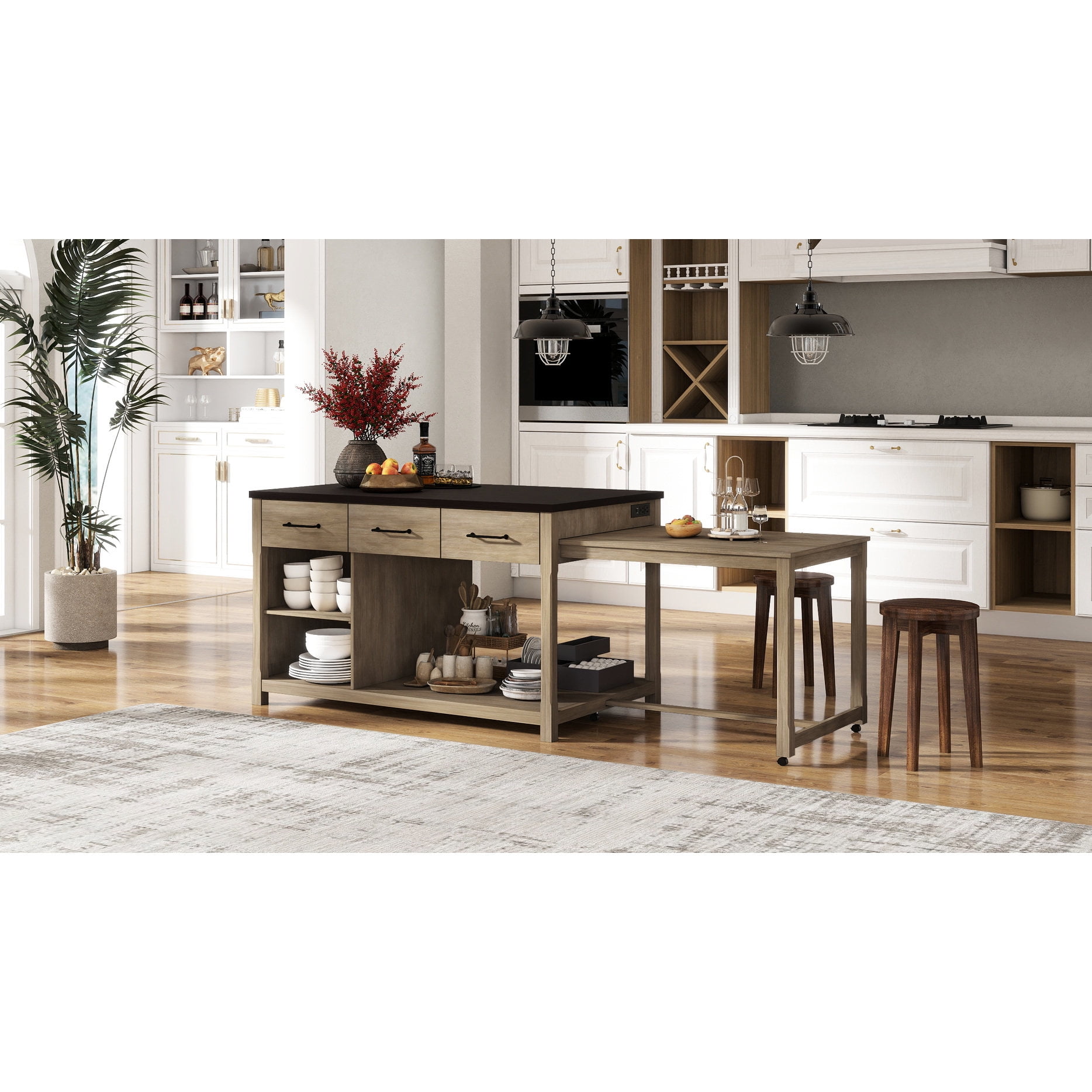 Expandable Kitchen Island with Drawers | Built - in Power Outlets for ...
