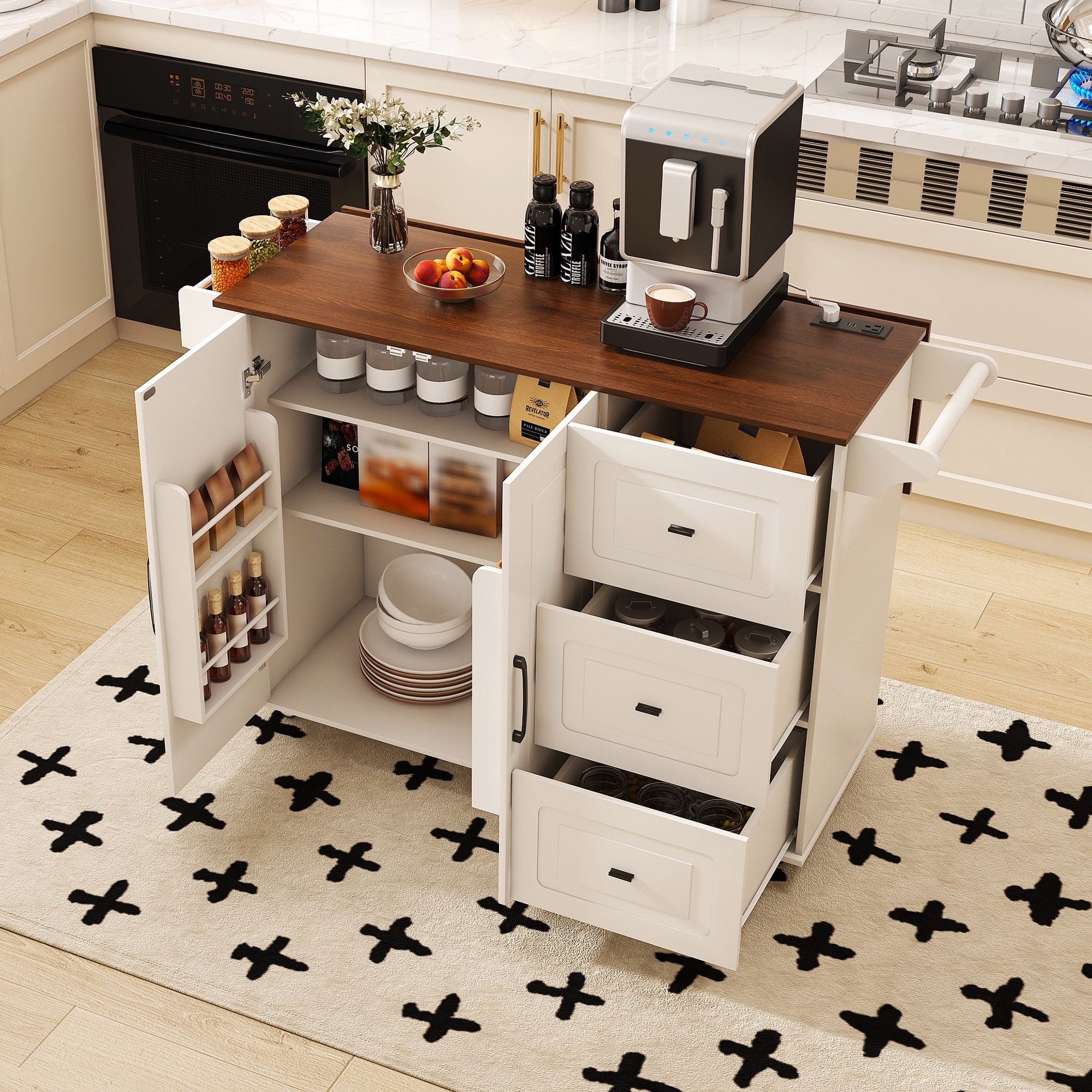 Expandable Kitchen Island with Foldable Drop Leaf, Built-in Outlet ...