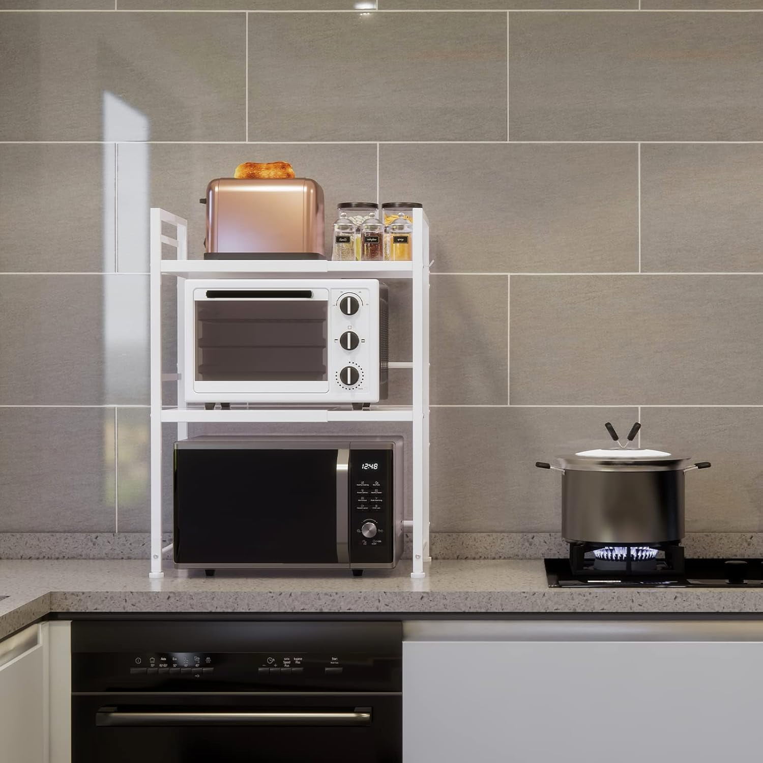 Expandable Microwave Oven Rack with 3 Hooks, Carbon Steel 3 Tier ...