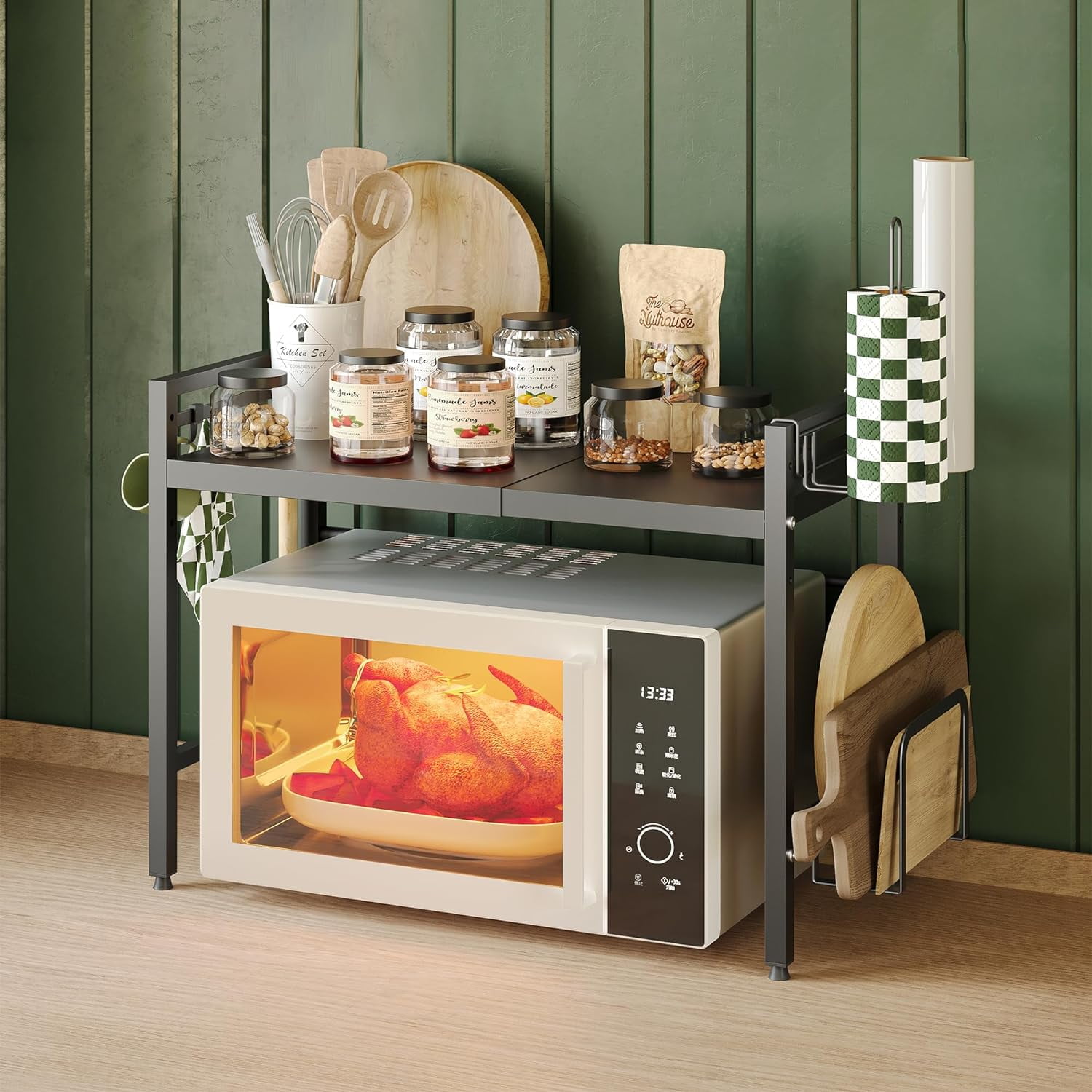 Expandable Microwave Shelf,2 Tier Microwave Stand with 8 Hooks ...