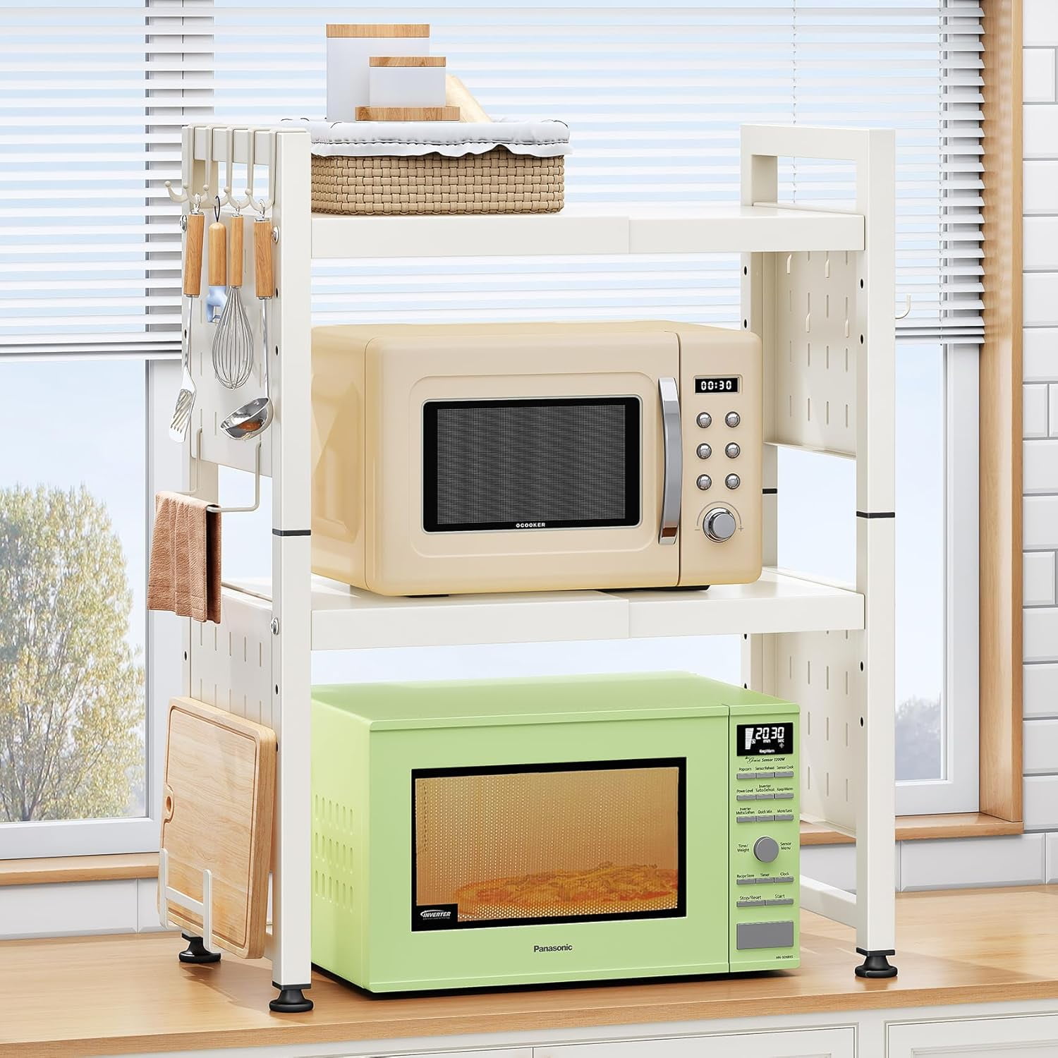 Expandable Microwave Stand, Heavy Duty 3-Tier Adjustable Microwave Oven Rack with 8 Hooks & 2 ...