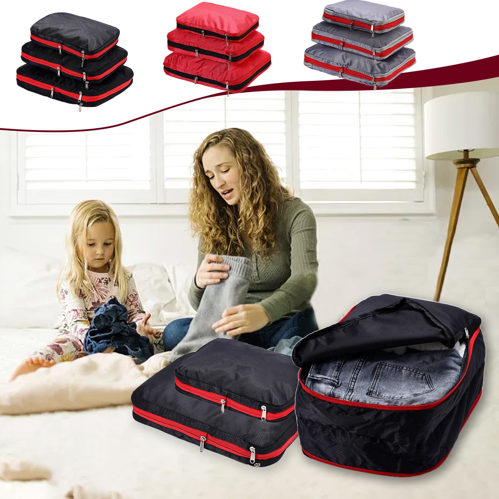 Expandable Packing Cubes, Suitcase Organizer Set, 3-piece, Soft Fabric ...