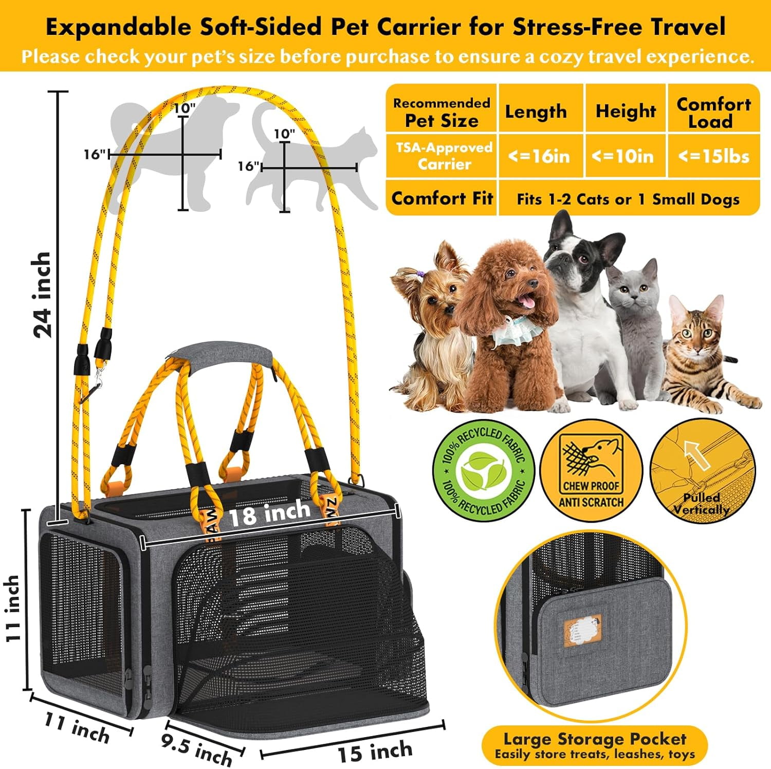 Expandable Pet Carrier Airline Approved, 18×11×11 Inches Small Dog ...