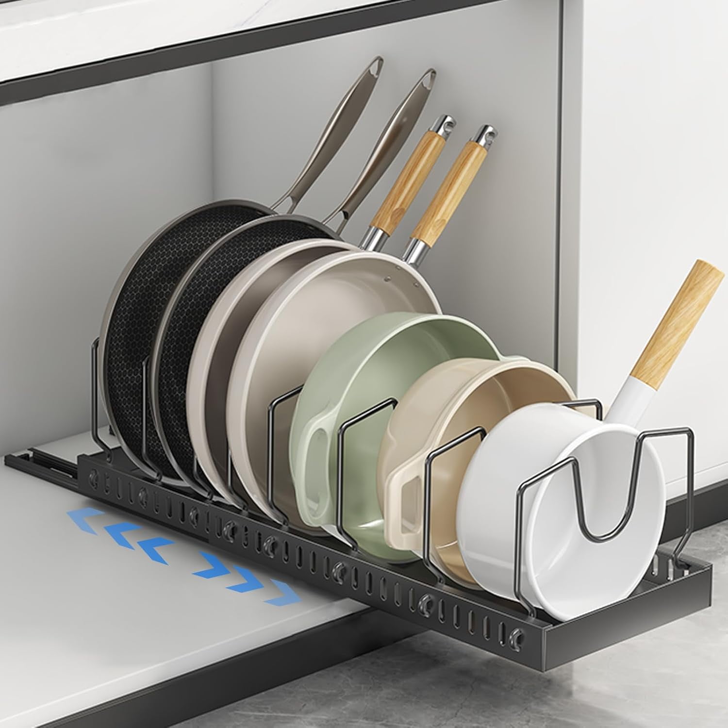 Expandable Pots and Pans Organizer Under Cabinet, Sliding Pot Lid ...
