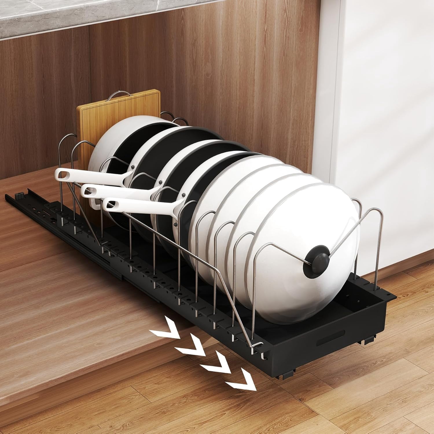 Expandable Pots and Pans Organizer Under Cabinet, Sliding Pot Lid ...