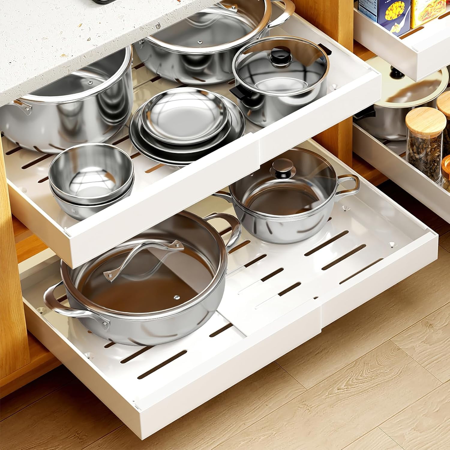 Expandable Pull Out Cabinet Organizer 21" Deep, 2-Pack Adhesive Slide ...