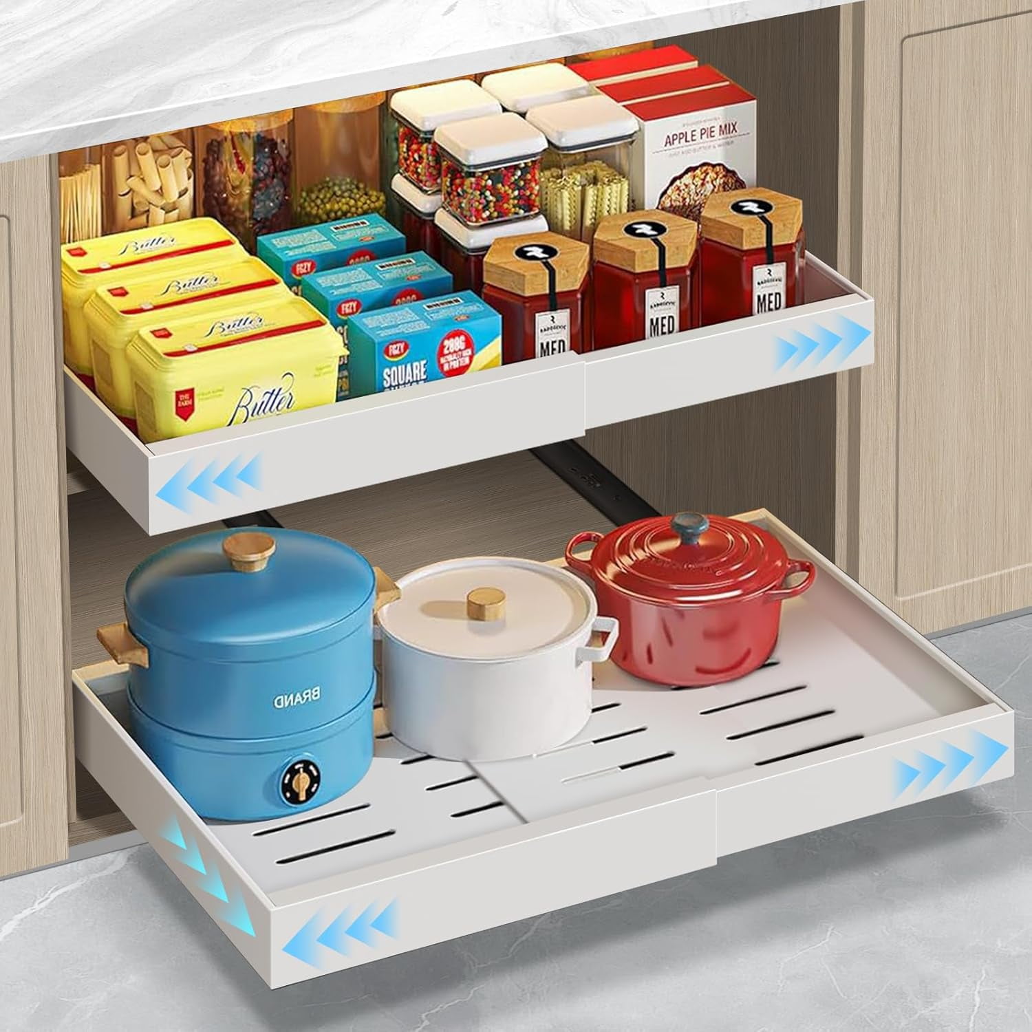 Expandable Pull Out Cabinet Organizer 21" Deep, 3 Rails Slide Out ...