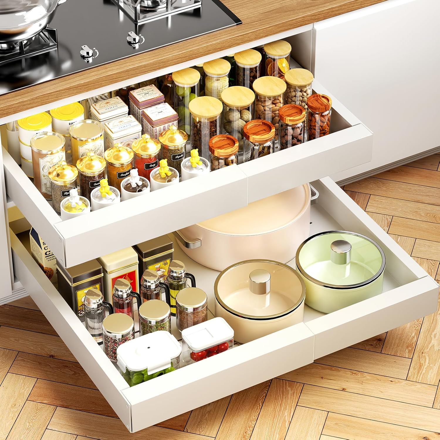 Expandable Pull Out Cabinet Organizer, 21" Deep Adhesive Slide Out ...