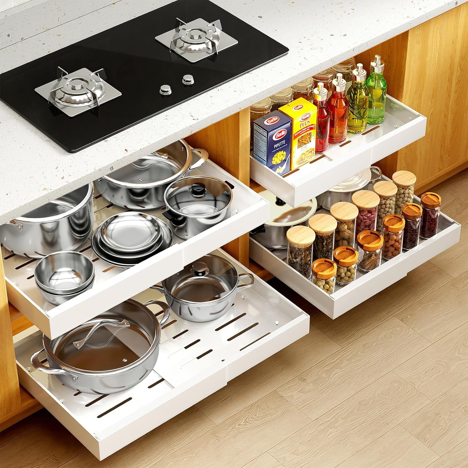 Expandable Pull Out Cabinet Organizer 21" Deep, Adhesive Slide Out ...