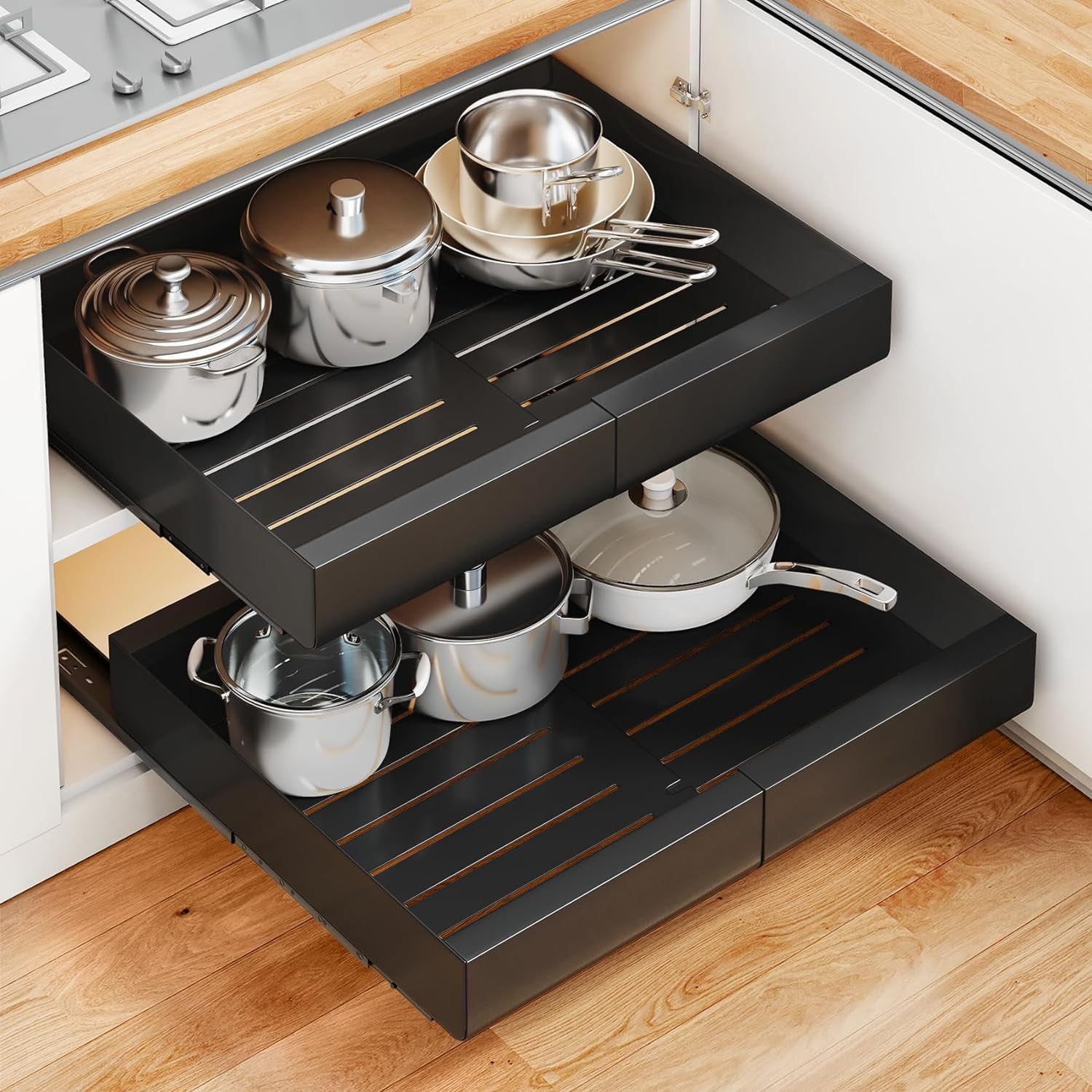 Expandable Pull out Cabinet Organizer -21" Deep Adhesive Slide out ...