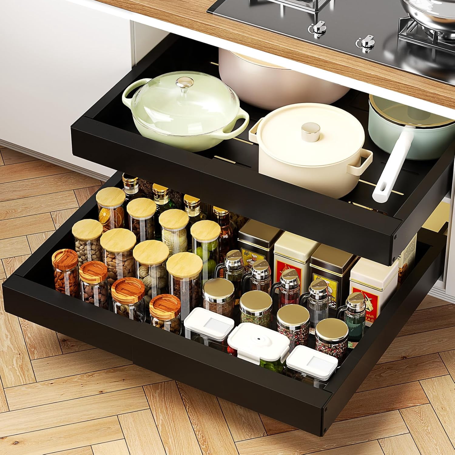 Expandable Pull Out Cabinet Organizer Adhesive, 21"Deep 2-Pack Slide ...
