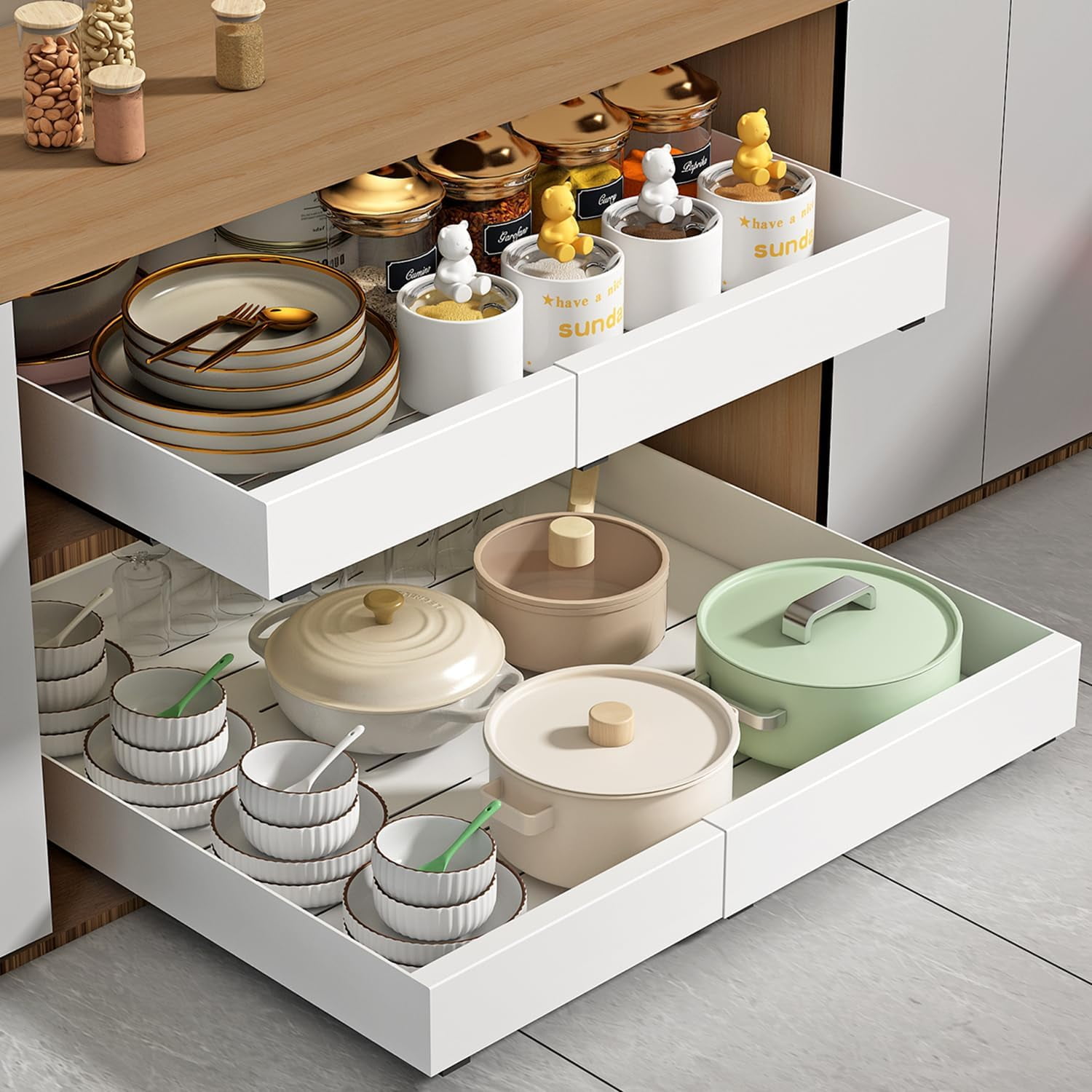 Expandable Pull-Out Cabinet Organizer 21" Deep, Slide-Out Drawers for ...