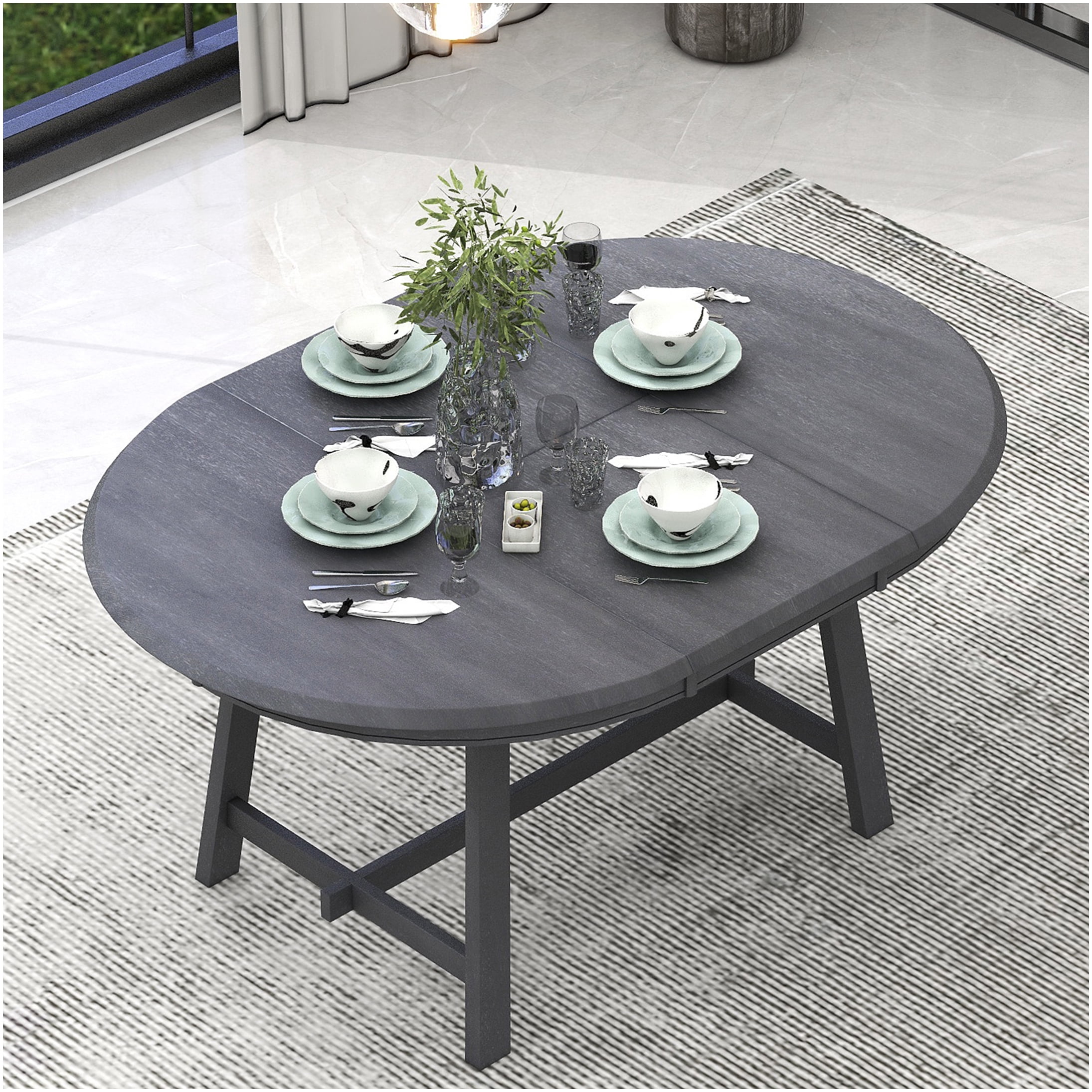 Gray Round Extendable Dining Table, Solid Wood Base with MDF Top ...
